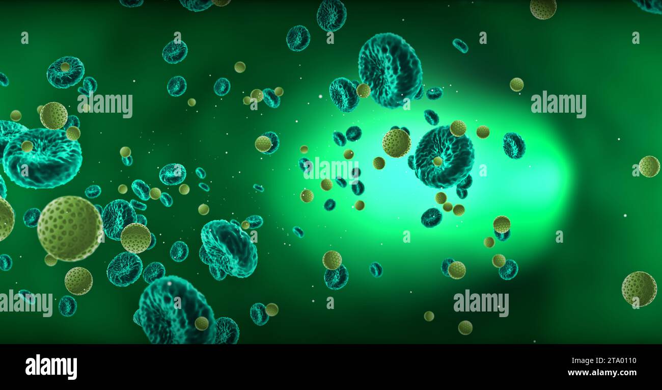 bacteria, virus, cell flowing on green background with light on center ...
