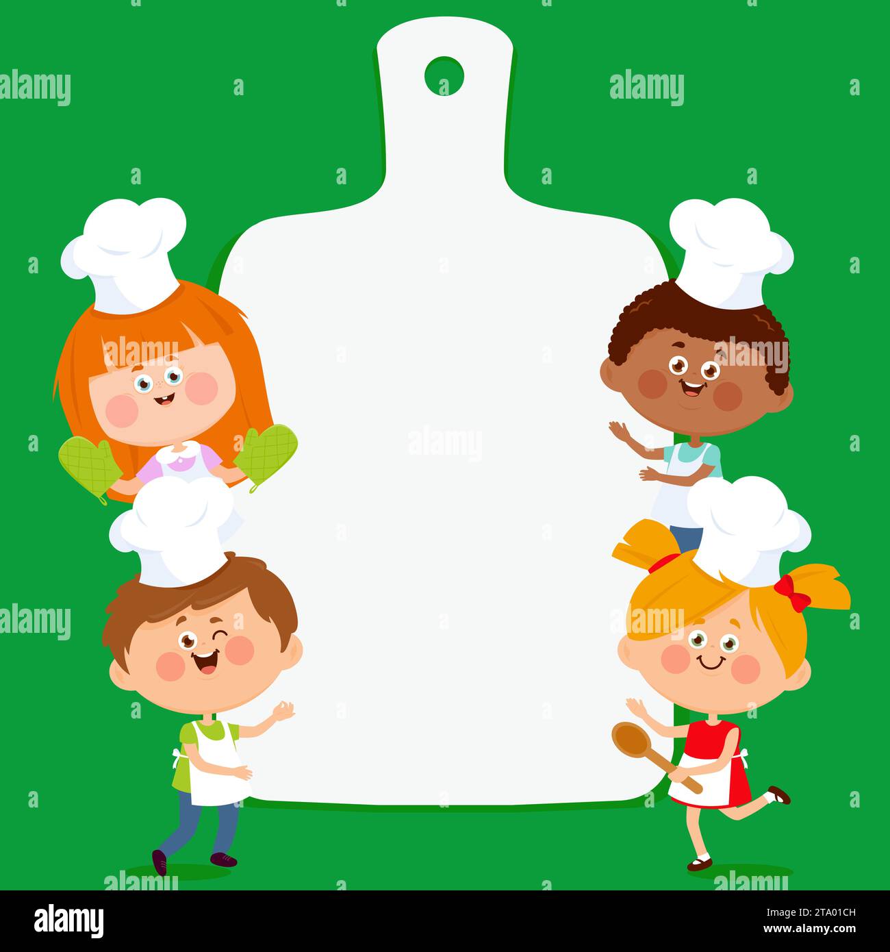 Cutting board background with diverse group of children chefs. Children ...