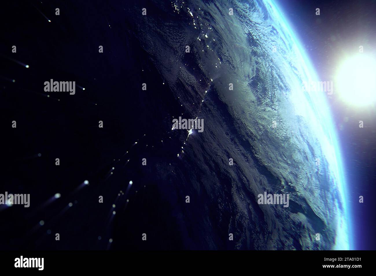 planet earth from the space at night with sun near on black background ...