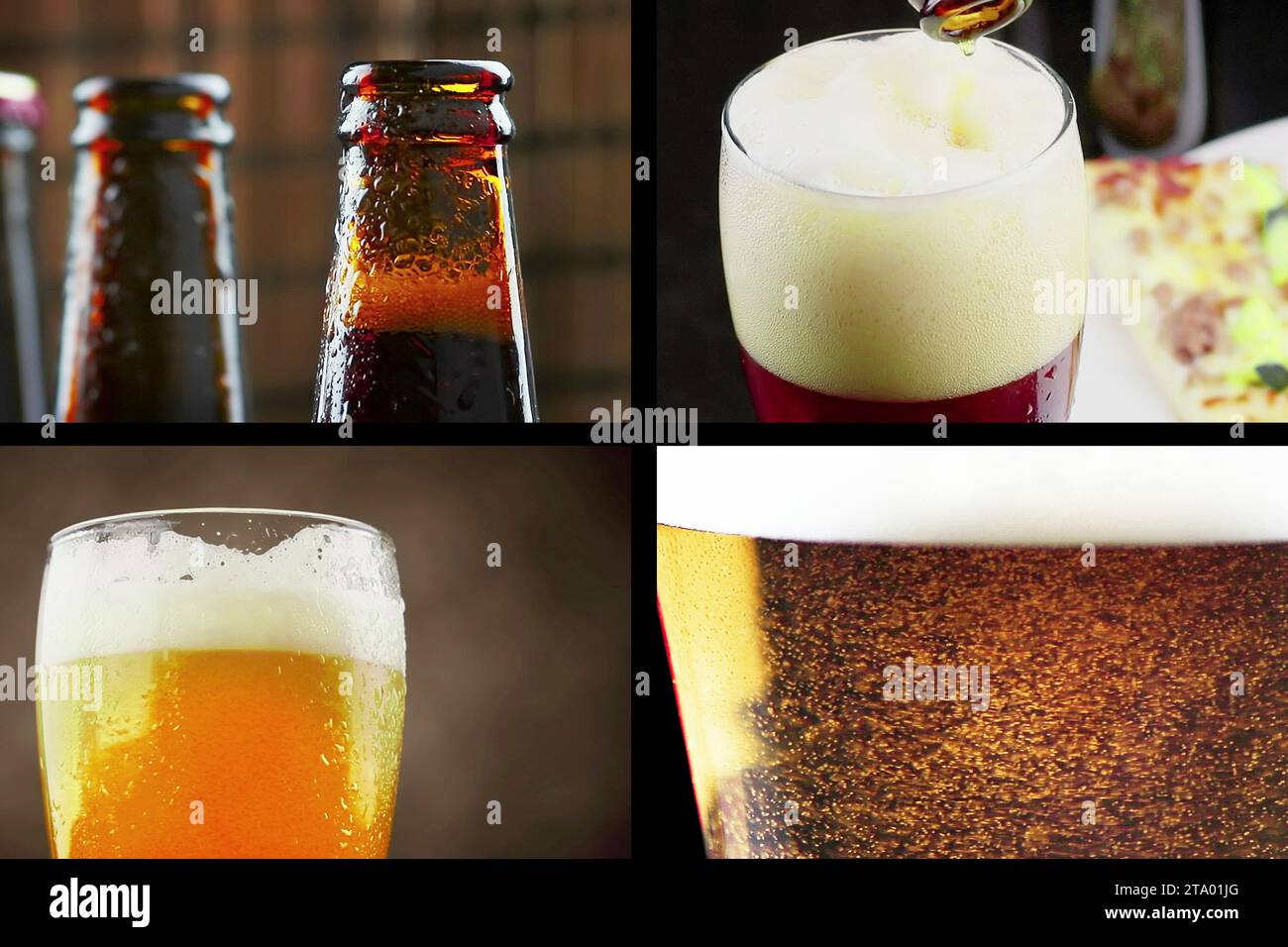 multiscreen scene with pouring, drink and close-up fresh beer ...