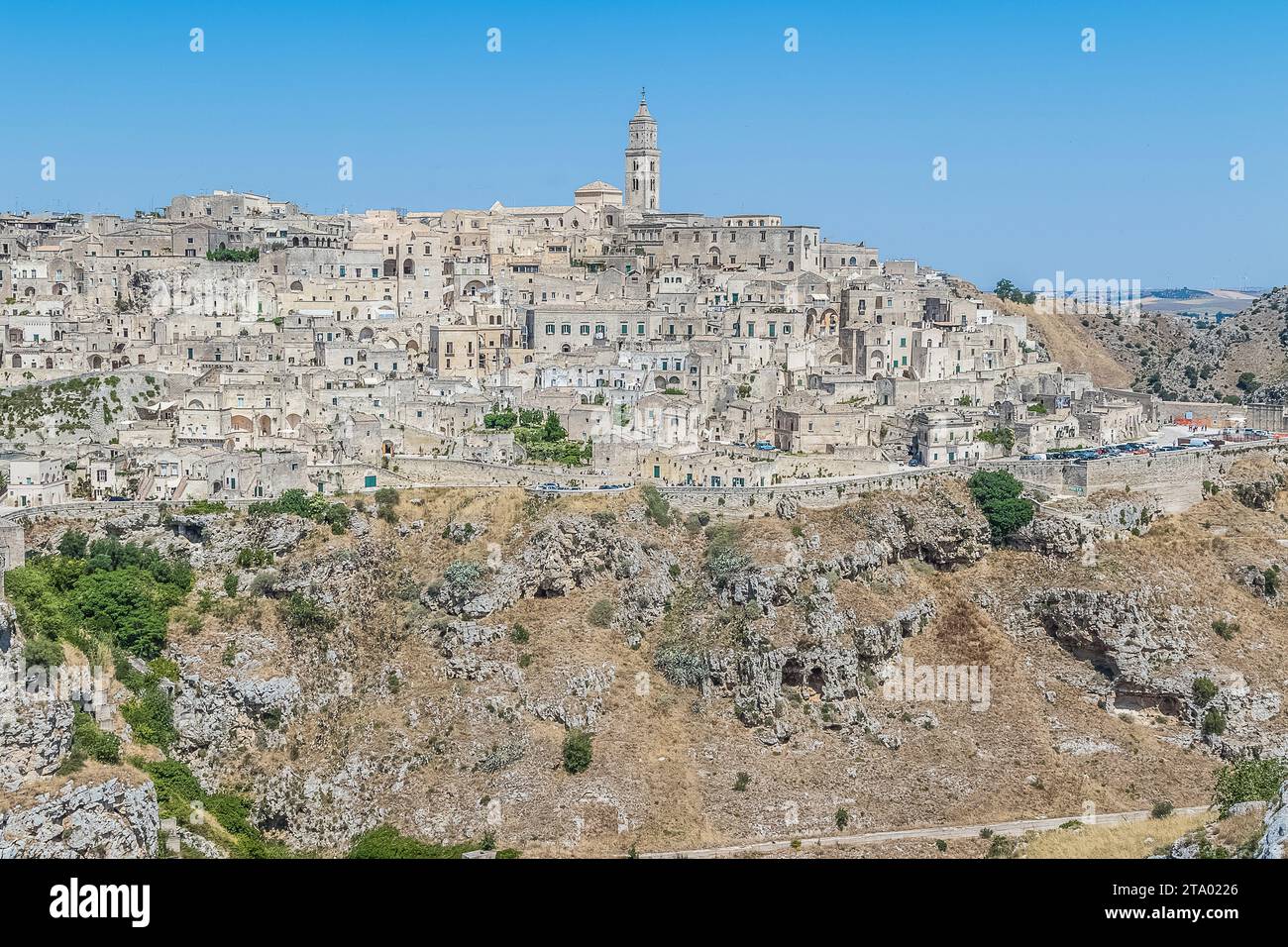 panoramic view of typical stones (Sassi di Matera) and church of Matera ...