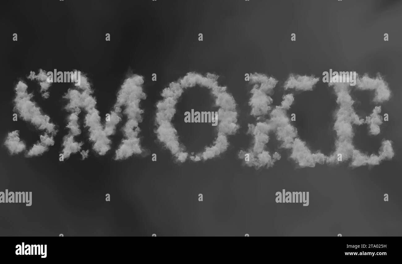 smoke word made by floating smoke steam through space on grey blur ...
