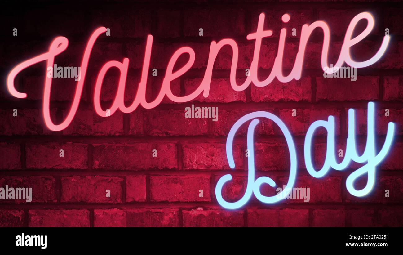flickering blinking red and blue neon sign on red love brick wall ...