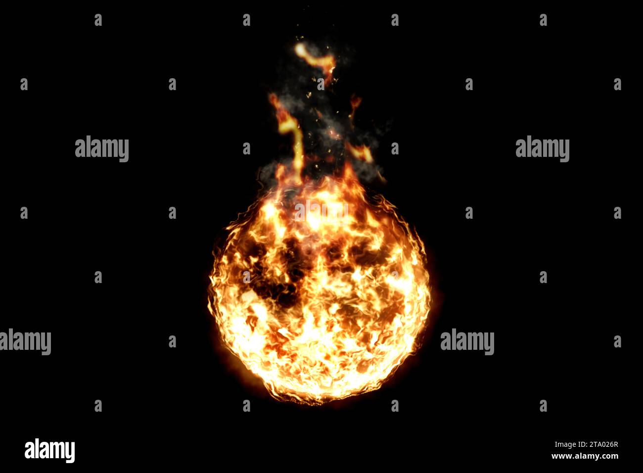 3D rendering, ball of flame fire with smoke in black background ...