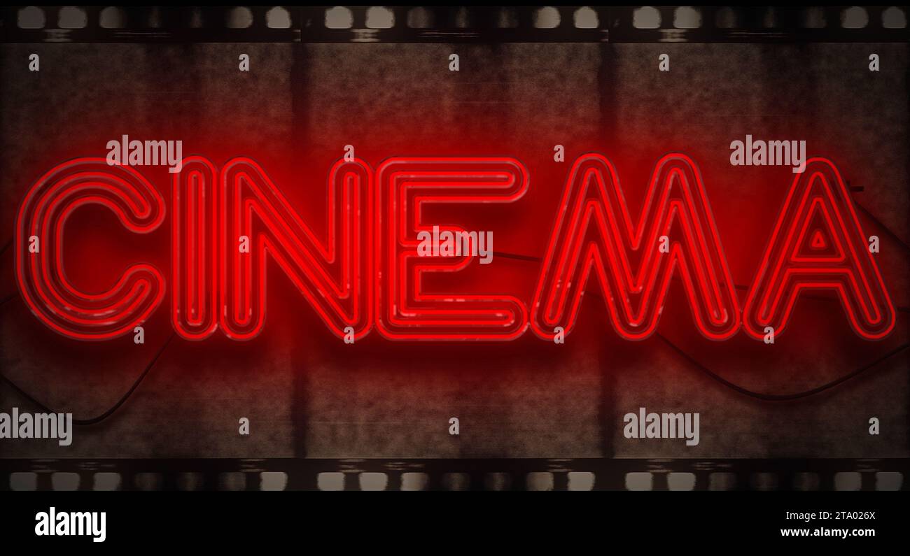3D rendering flickering blinking red neon sign on film strip background ...