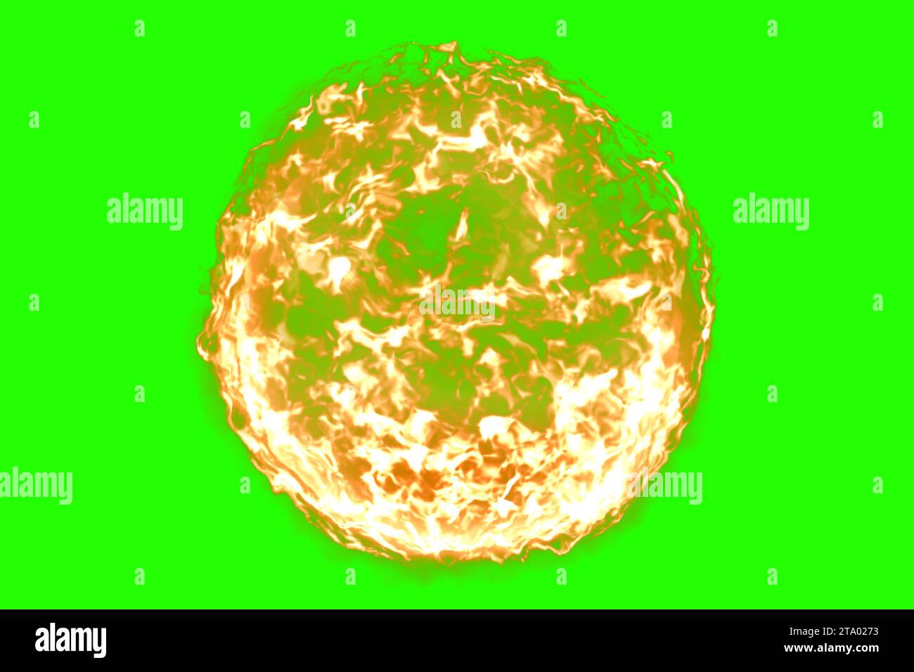 3D rendering, ball of flame fire in chroma key green screen background ...
