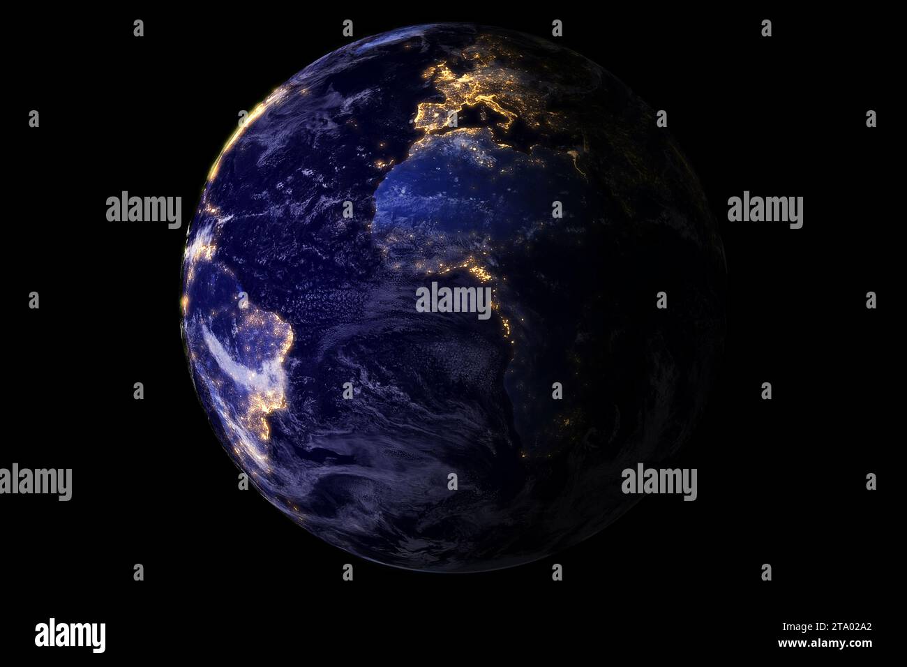 blue planet earth from space showing America and Africa at night with ...