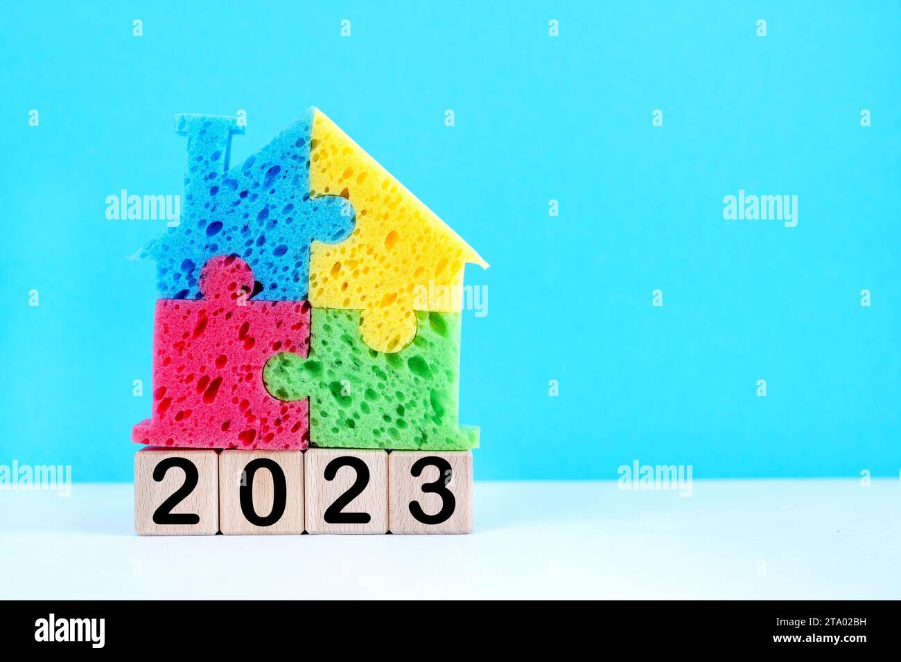 Wooden cubes, house, year . completion of housing construction concept ...