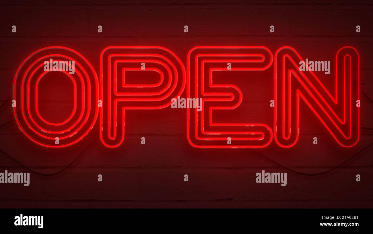 flickering blinking red neon sign on brick wall background, open shop ...