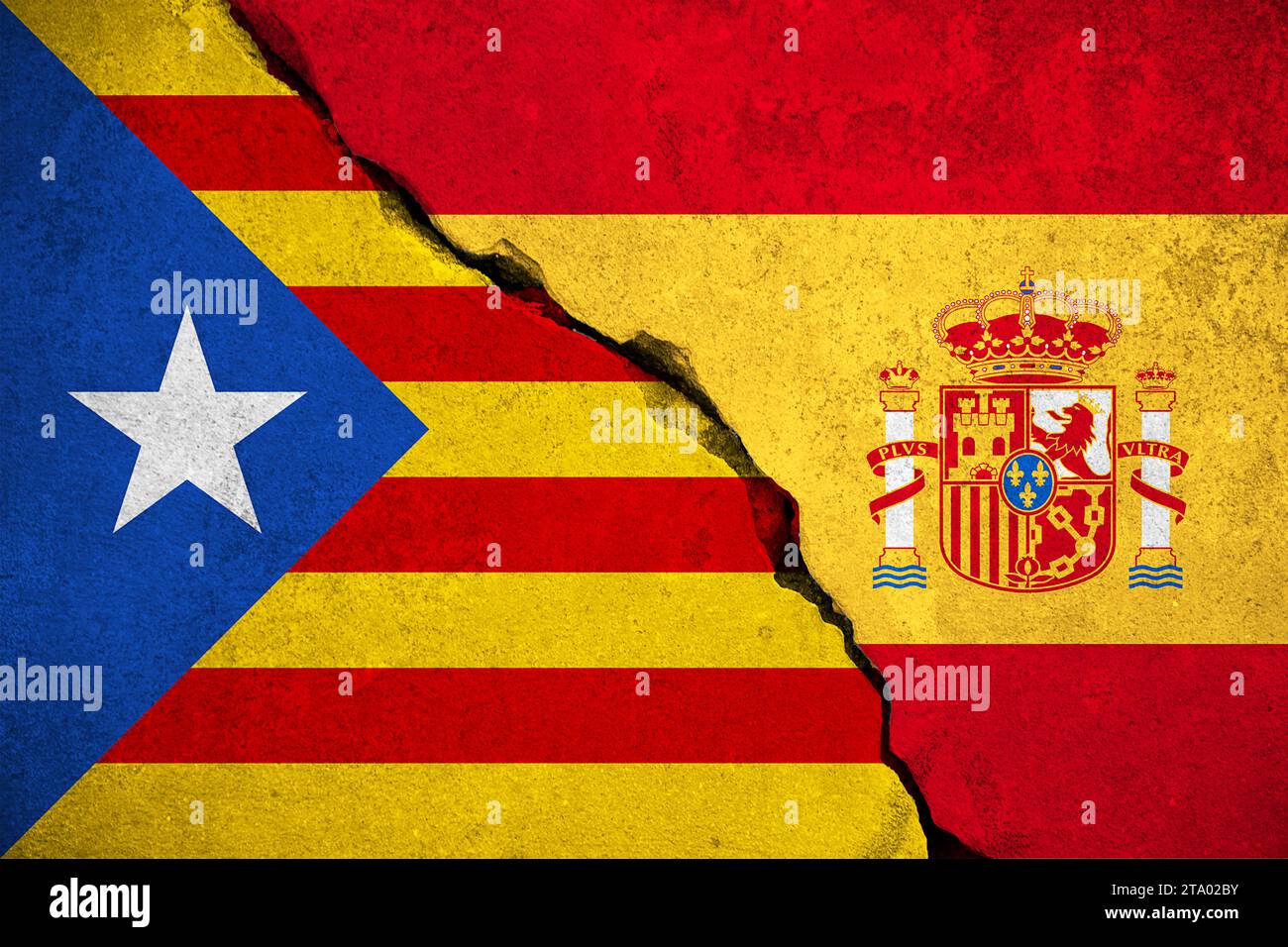 spain flag on broken brick wall and half catalan flag, vote referendum ...