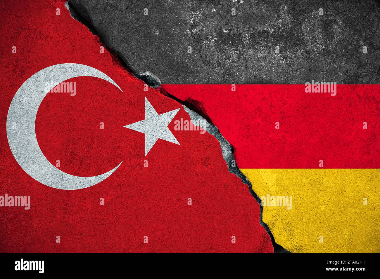 germany vs turkey, red turkey flag on broken damage brick wall and half ...