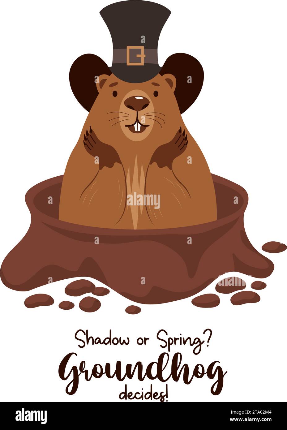 Cute animal groundhog character looks out of hole. Holiday cool card ...