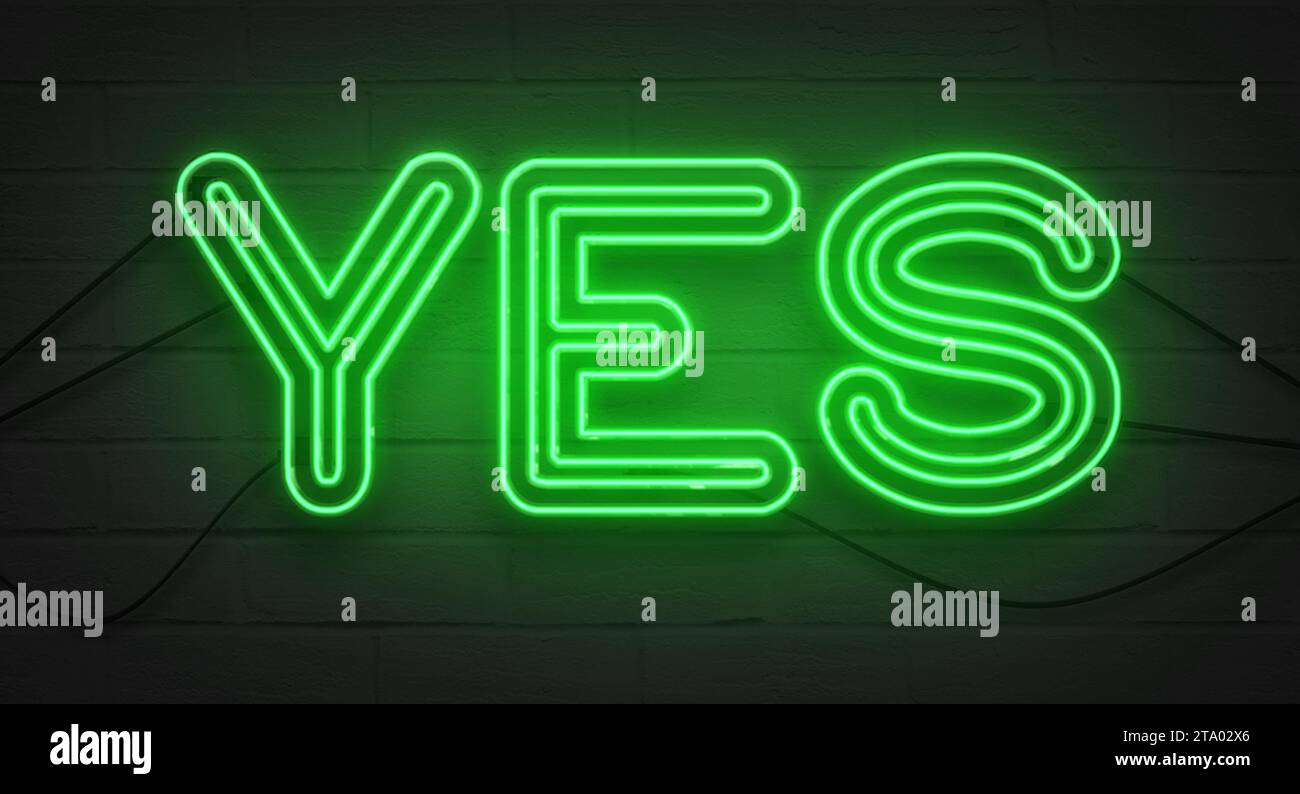 flickering blinking green neon sign on brick wall background, yes ...