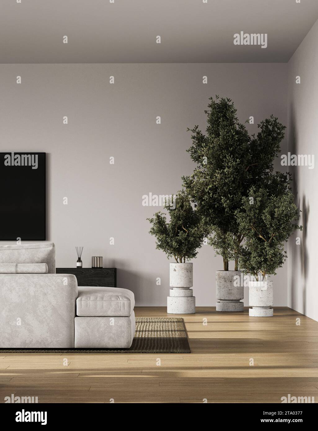 Minimalist living space with luxe sofa and potted olive trees. Modern ...