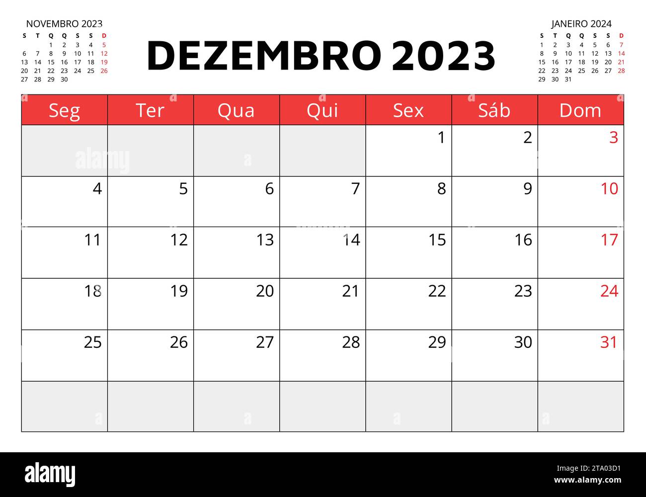 December 2023 portuguese calendar. Vector illustration. Monthly ...