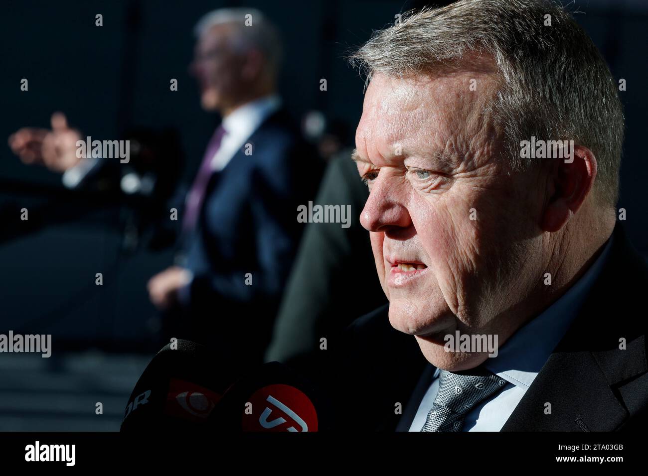 Denmark's Foreign Minister Lars Lokke Rasmussen talks to journalists ...