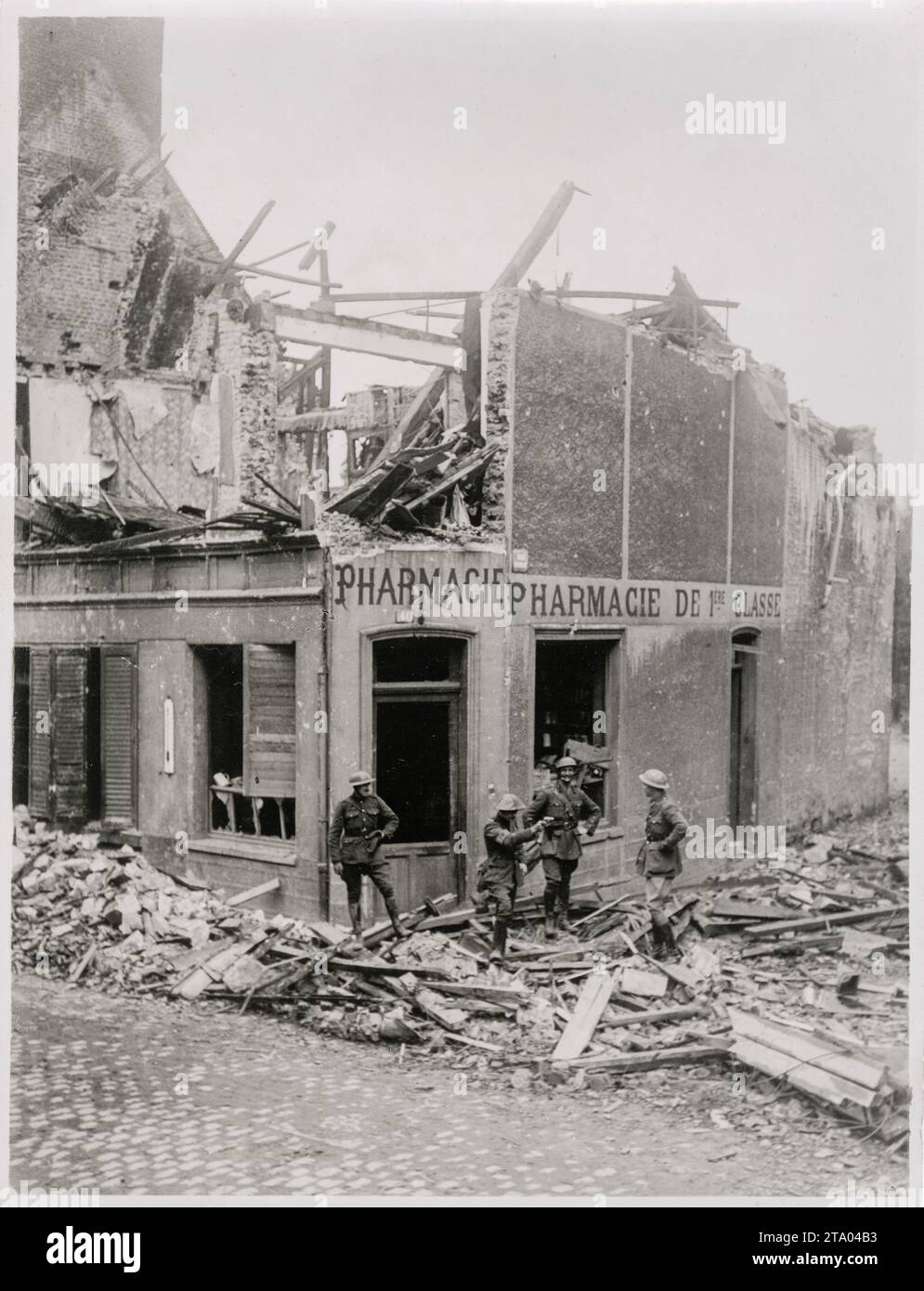 WW1 World War I - Ruined buildings including pharmacy, Bethune ...