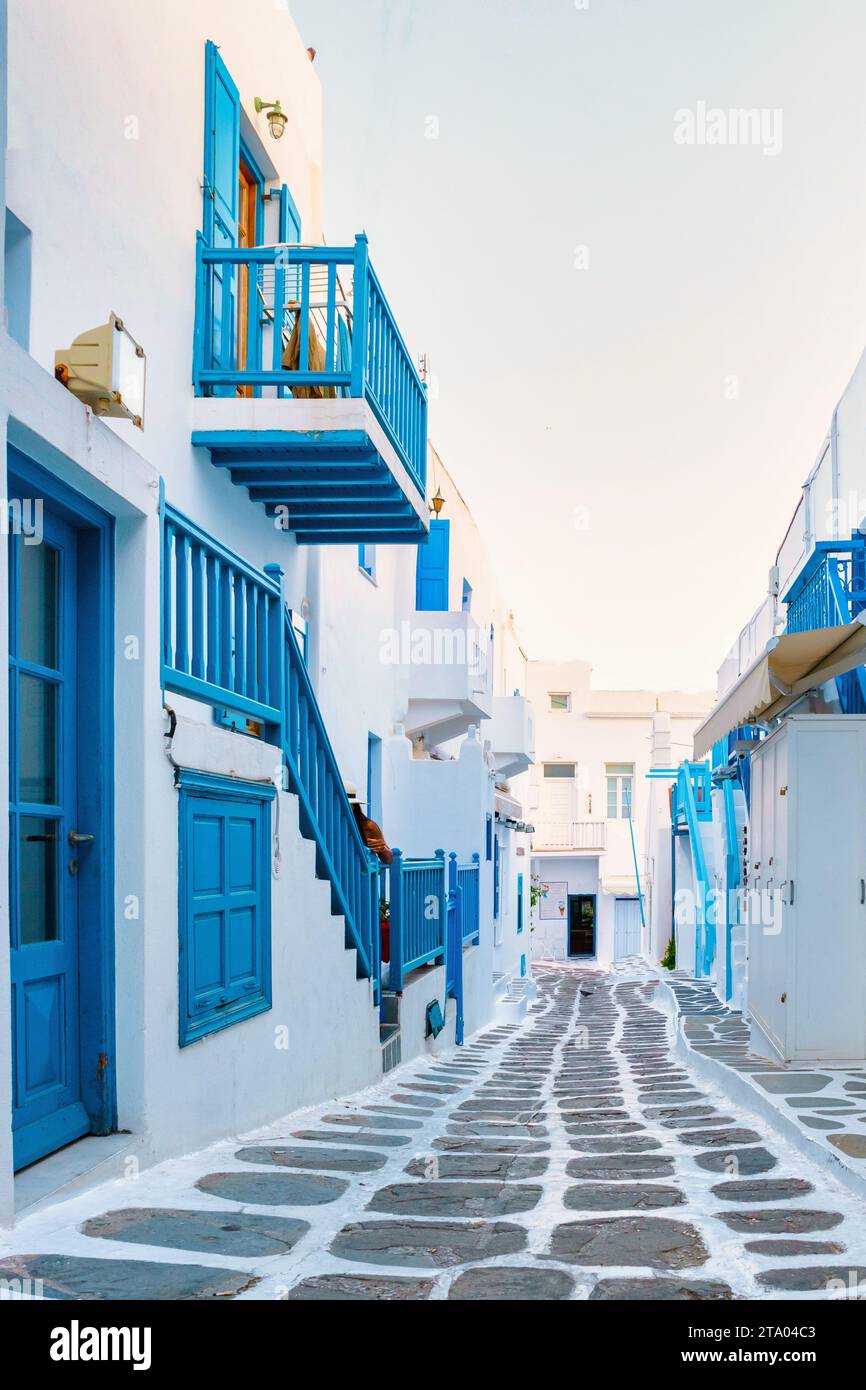 empty street of Mykonos Greek village in Greece, colorful streets of ...