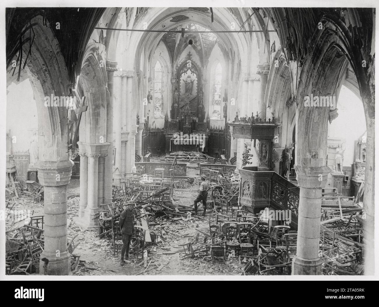 WW1 World War I - Ruined interior of a French village church, France ...