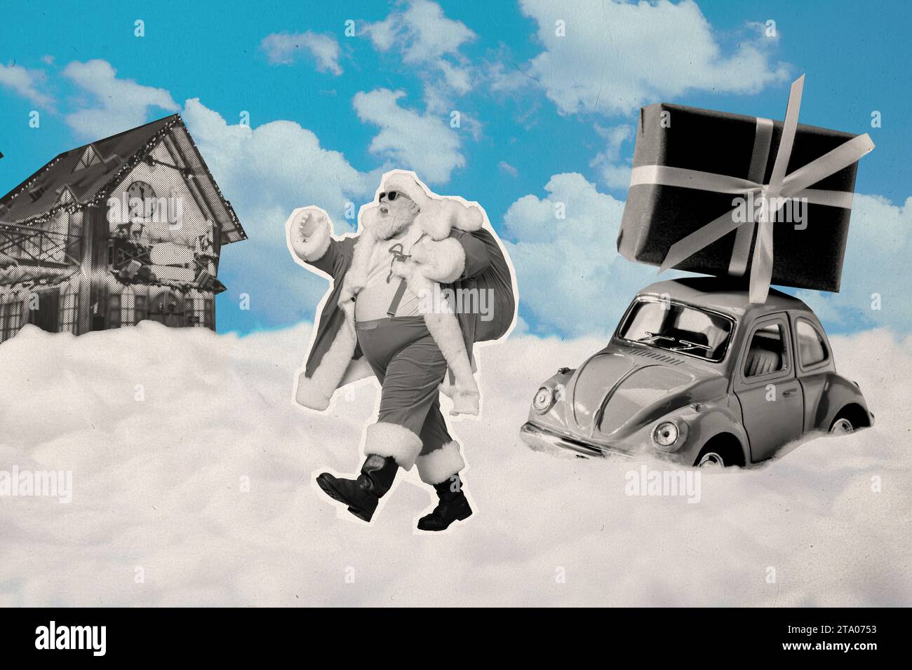 Collage of cool black white effect santa carry bag walk big christams ...