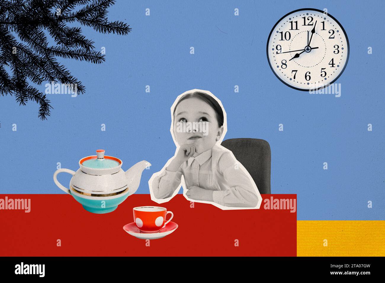 Creative collage image of black white effect girl contemplate table tea ...