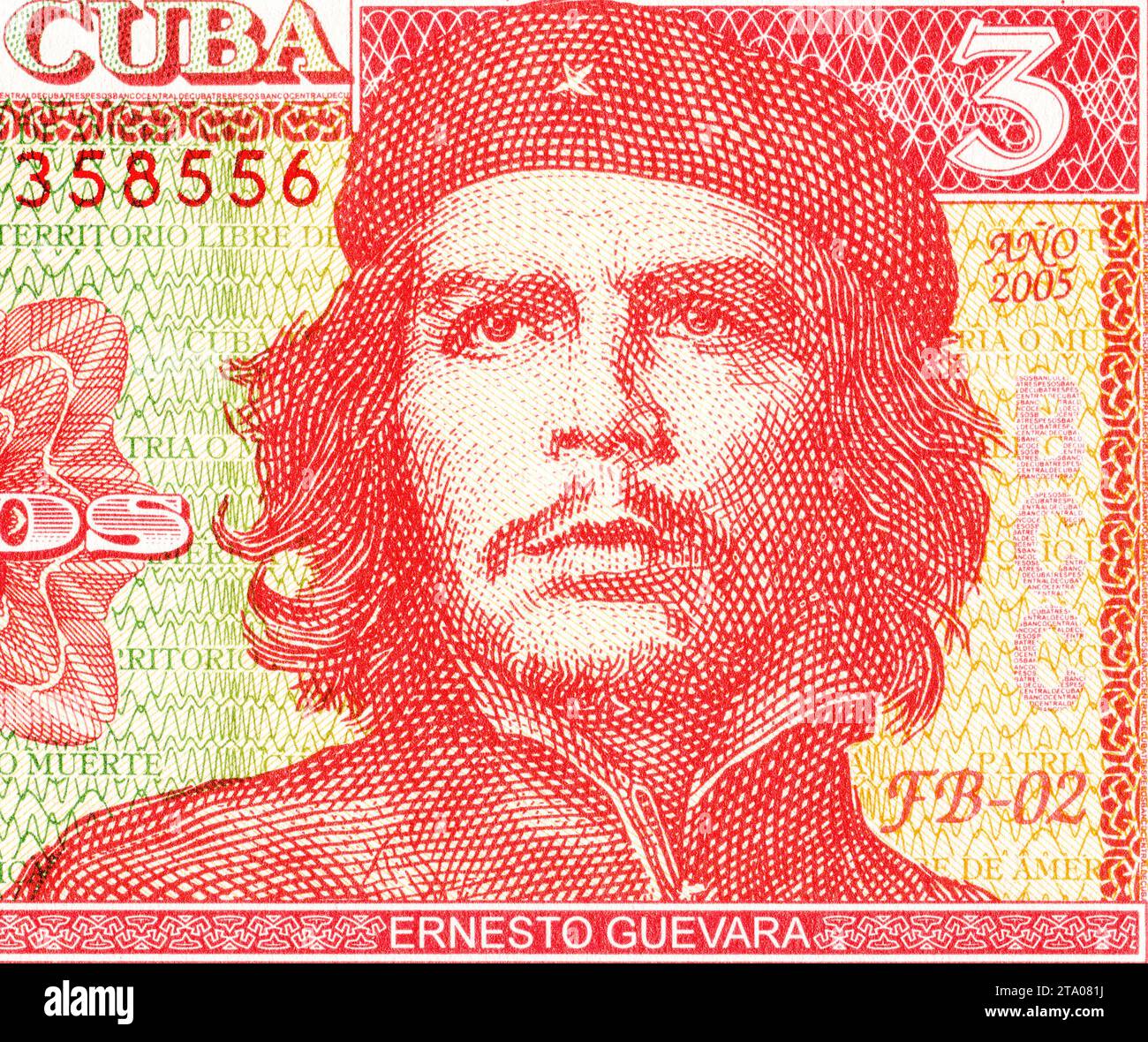 Ernesto "Che" Guevara (1928 - 1967). Portrait form vintage Cuba 3 Pesos ...