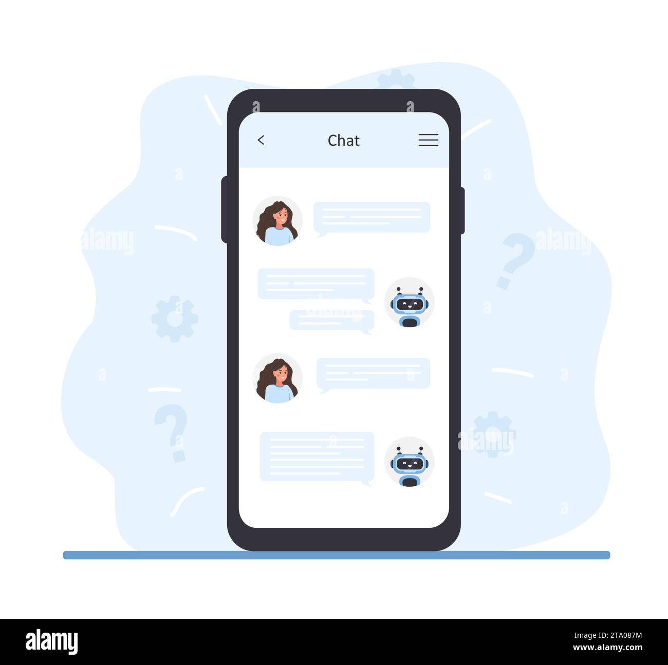 Chatbot concept. Woman chatting with robot on smartphone screen. AI ...