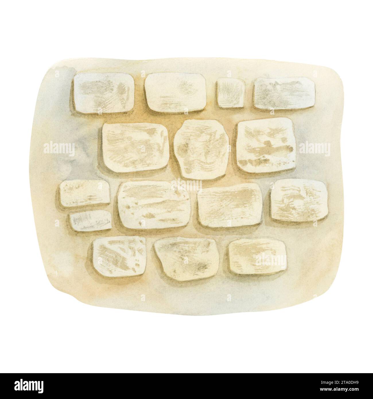 Beige Jerusalem stone wall fragment watercolor illustration. Masonry made of blocks. Western ...