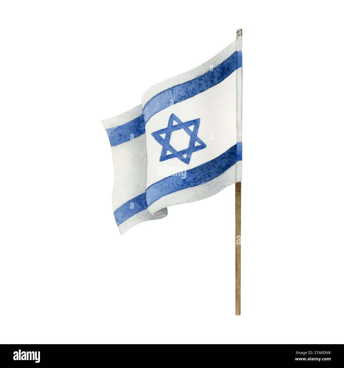 Flag of Israel with flagpole or wooden shaft watercolor illustration ...
