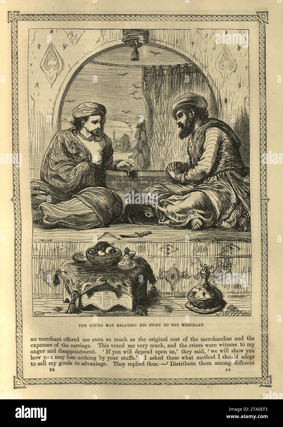 Vintage illustration One Thousand and One Nights, Young man relating ...