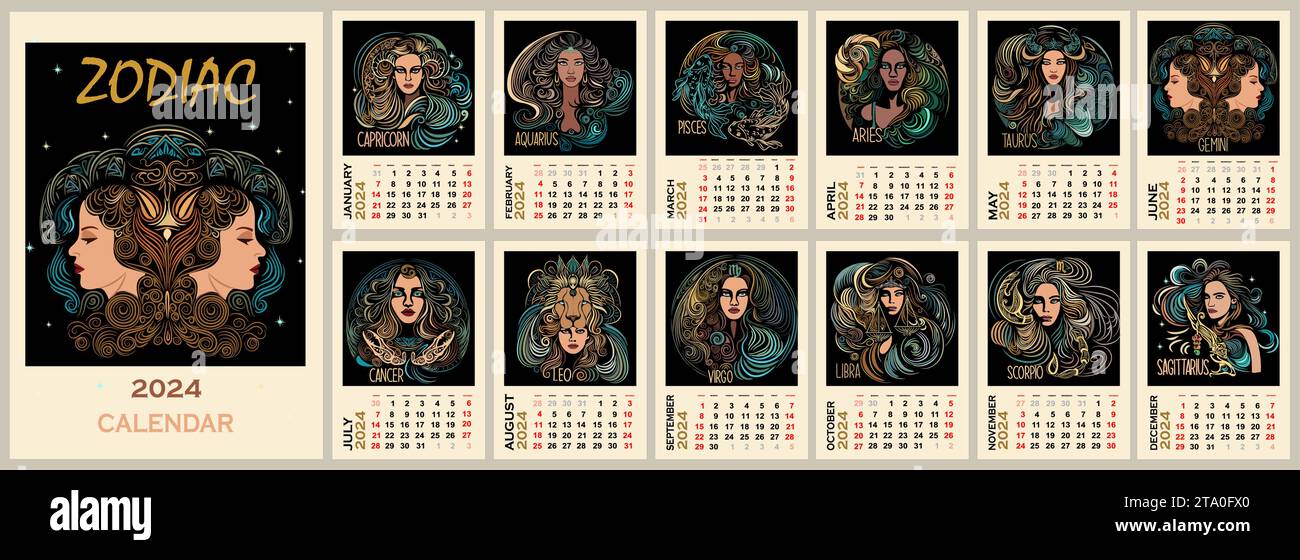 Zodiac wall monthly calendar template for 2024 Stock Vector Image & Art ...