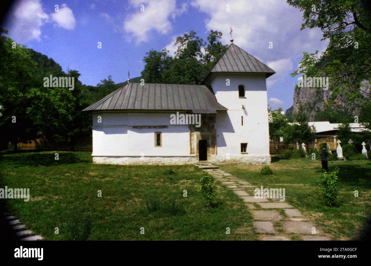 Gorj County, Romania, 2000. Exterior view of "St. Nicholas" church at ...