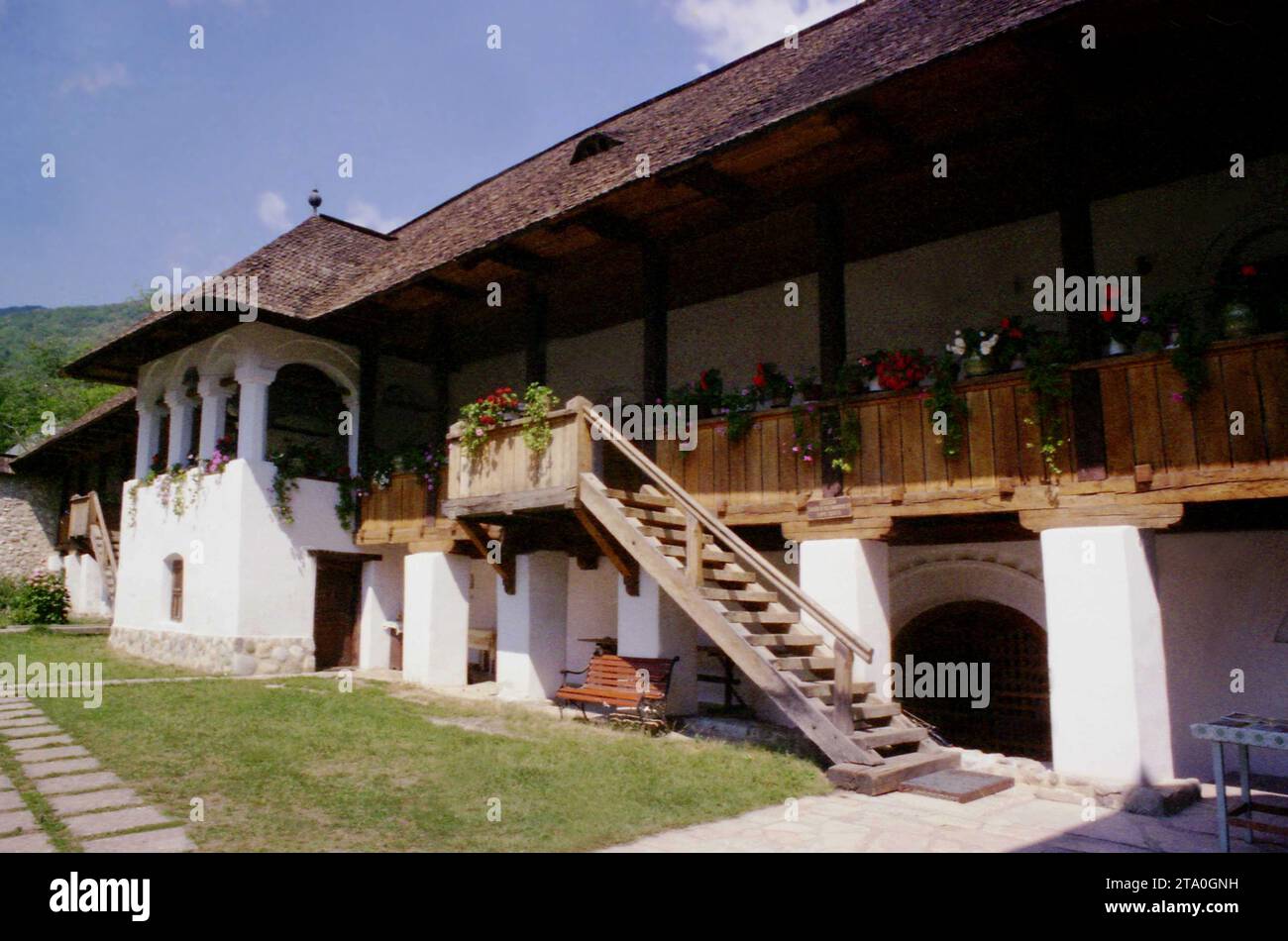 Gorj County, Romania, 2000. The defensive walls and the monastic cells ...