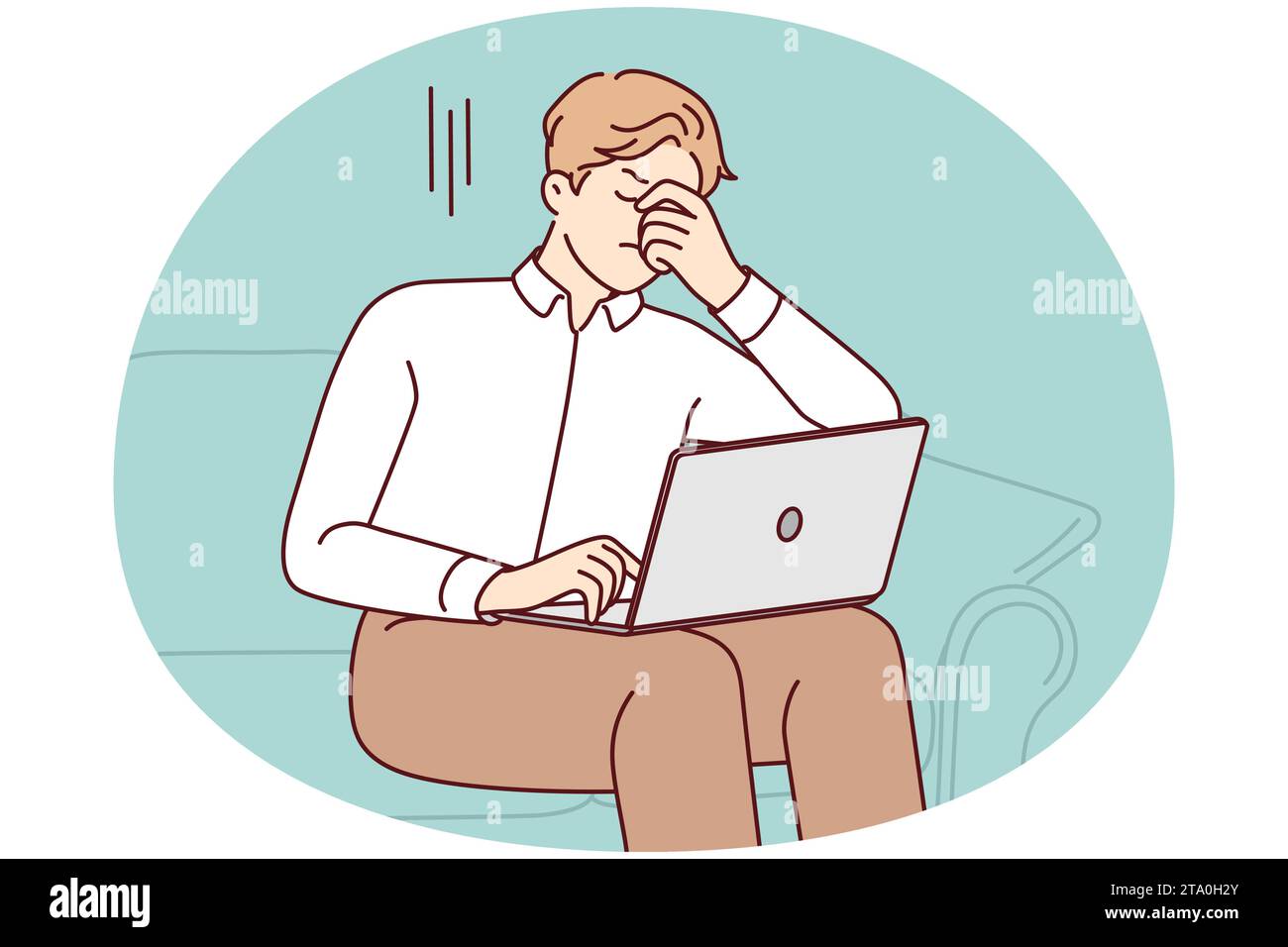 Unhealthy man sit on sofa work on computer suffer from headache. Unwell ...