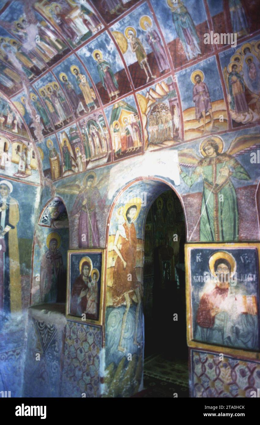 Gorj County, Romania, 2000. Frescoes inside "St. Nicholas" church at ...