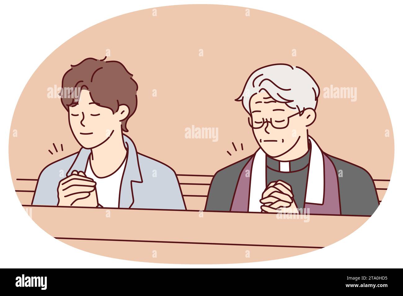 Man and priest praying in church. Guy and pastor with prayer hands pray ...