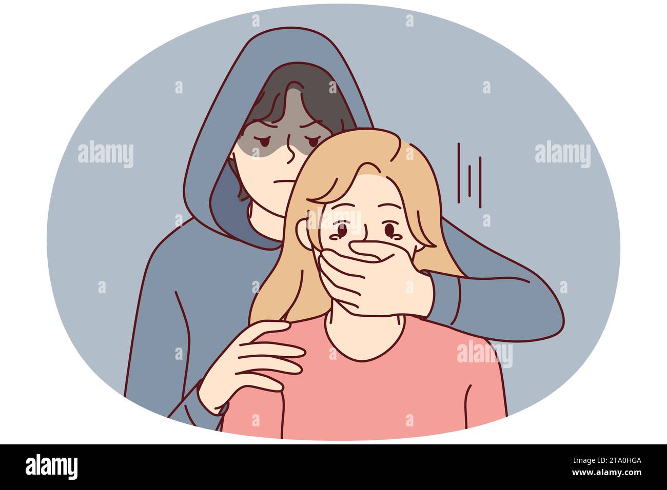 Man in hood close scared woman mouth with hand. Male criminal or ...