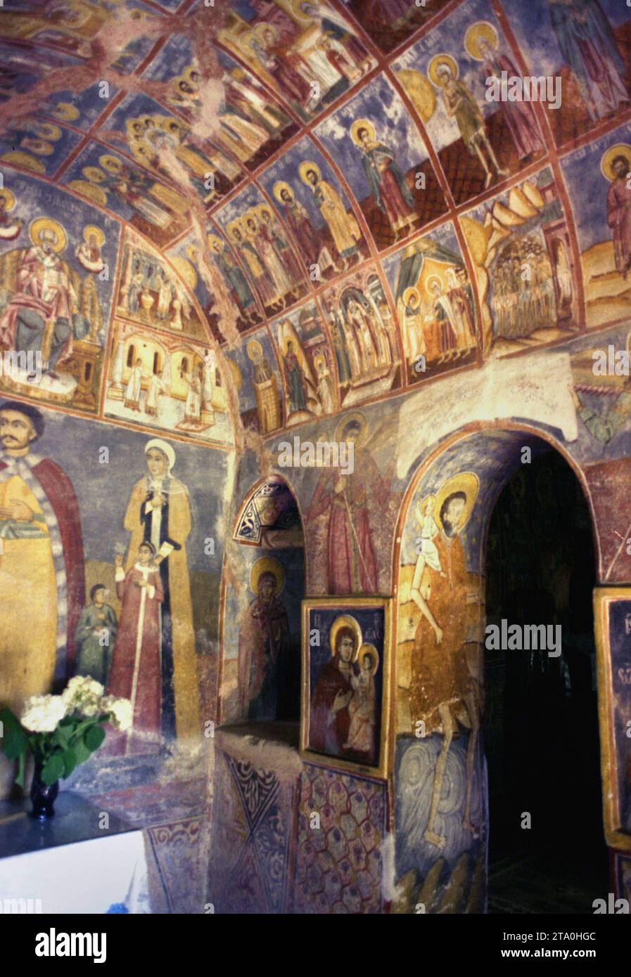 Gorj County, Romania, 2000. Frescoes inside "St. Nicholas" church at ...