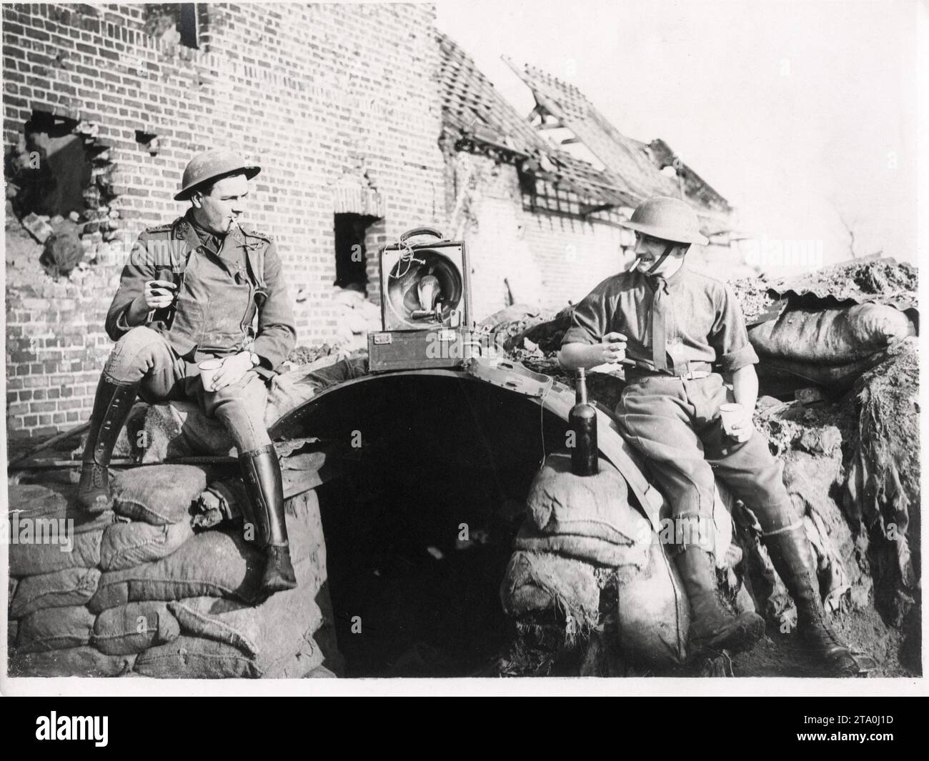 WW1 World War I - Two British officers listen to music outside their ...