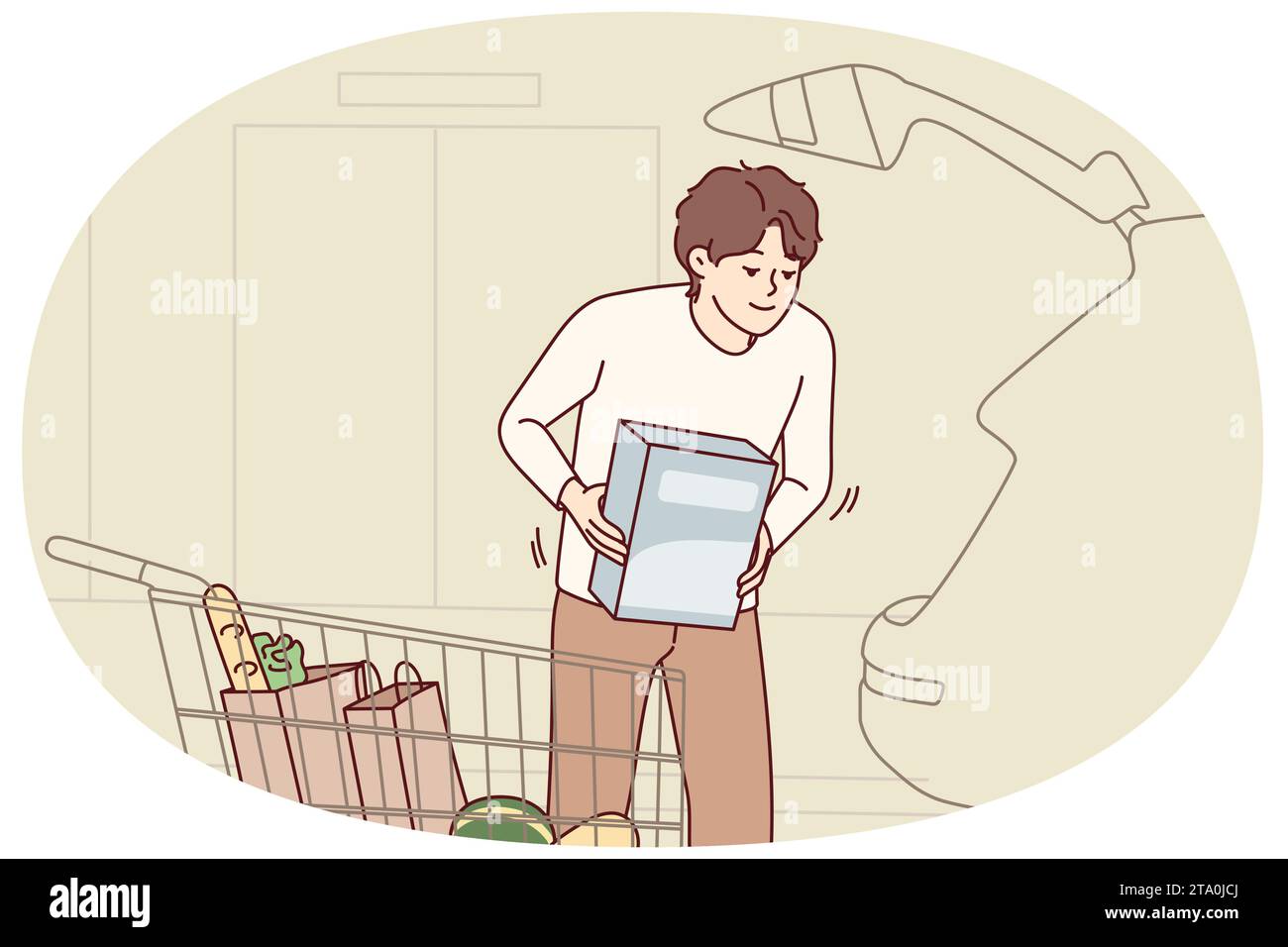 Happy young man loading groceries in car. Smiling guy putting products ...