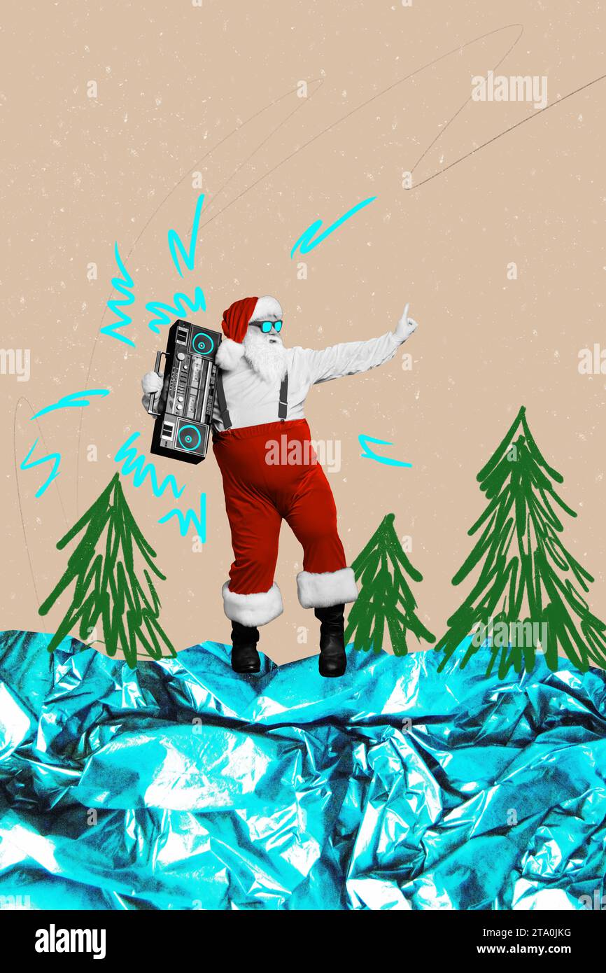 Vertical collage of grandfather santa point finger carry boombox ...