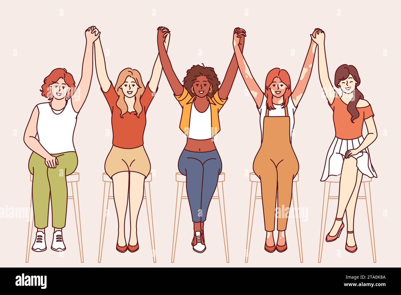 Team of diverse women raise hands together as sign of unity and ...