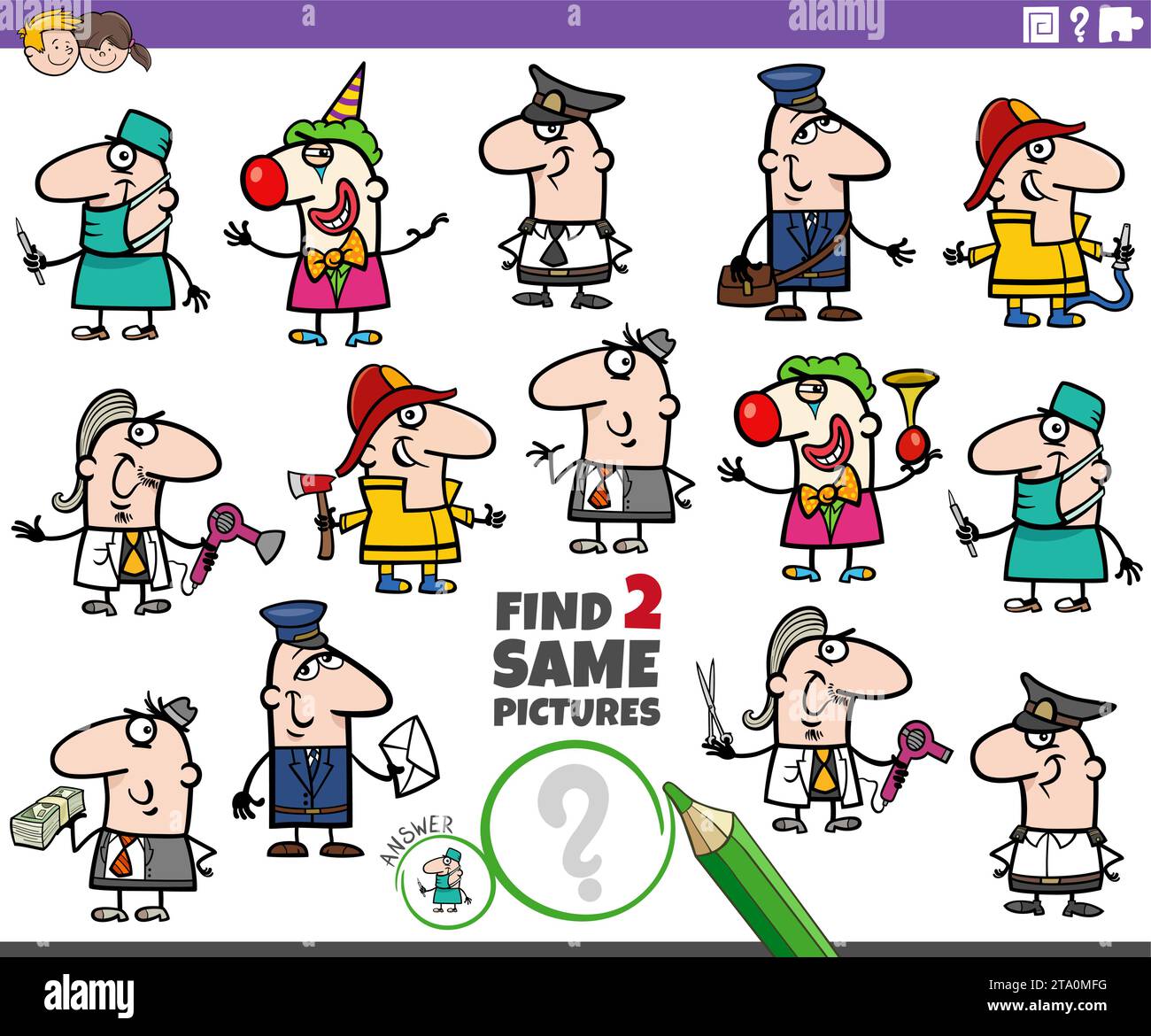 Cartoon illustration of finding two same pictures educational activity ...