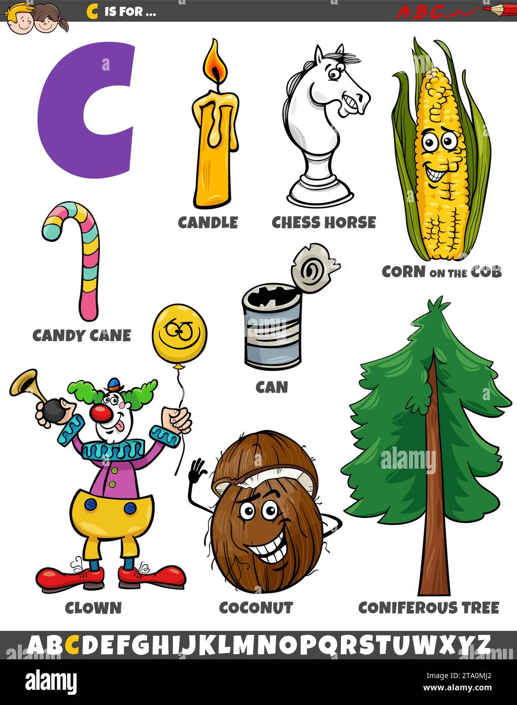 Cartoon illustration of objects and characters set for letter C Stock ...