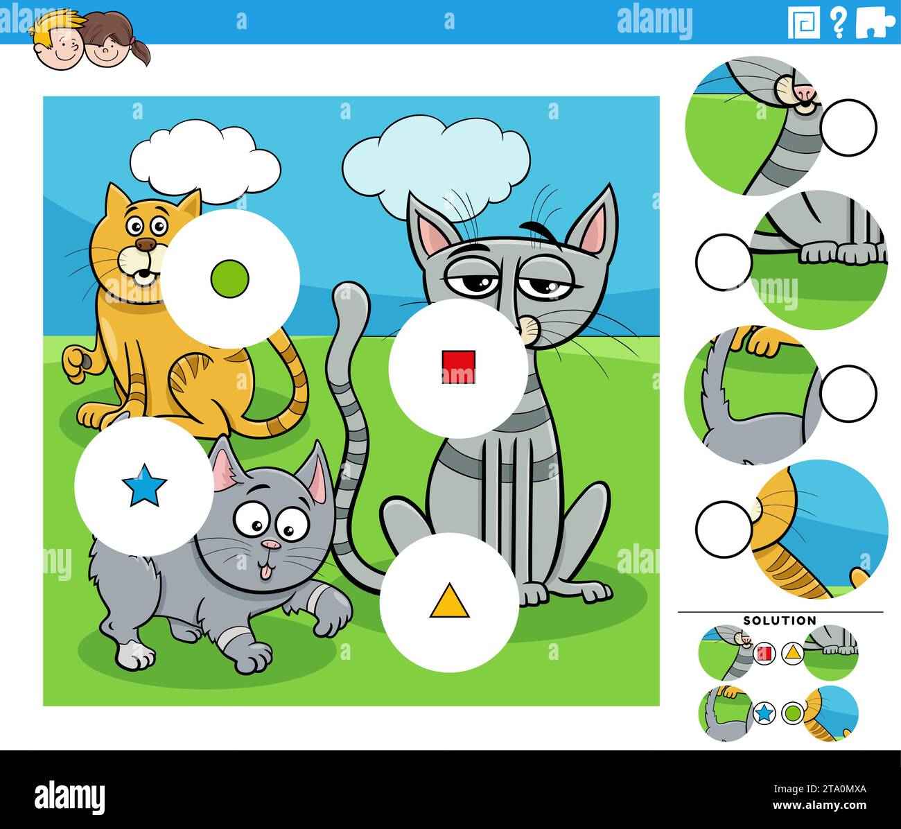 Cartoon illustration of educational match the pieces jigsaw puzzle ...