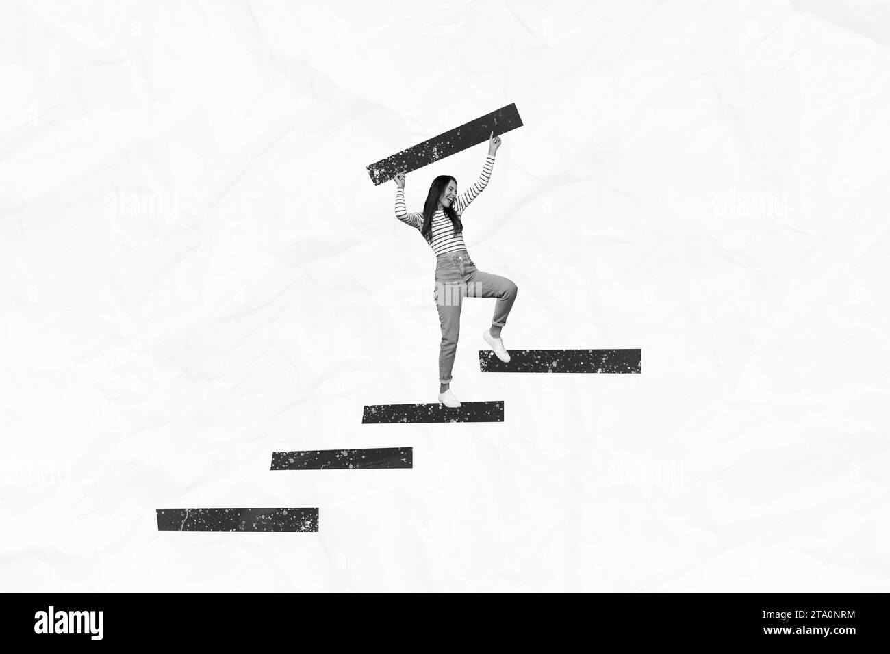 Photo collage of happy businesswoman funny person building stairs way ...