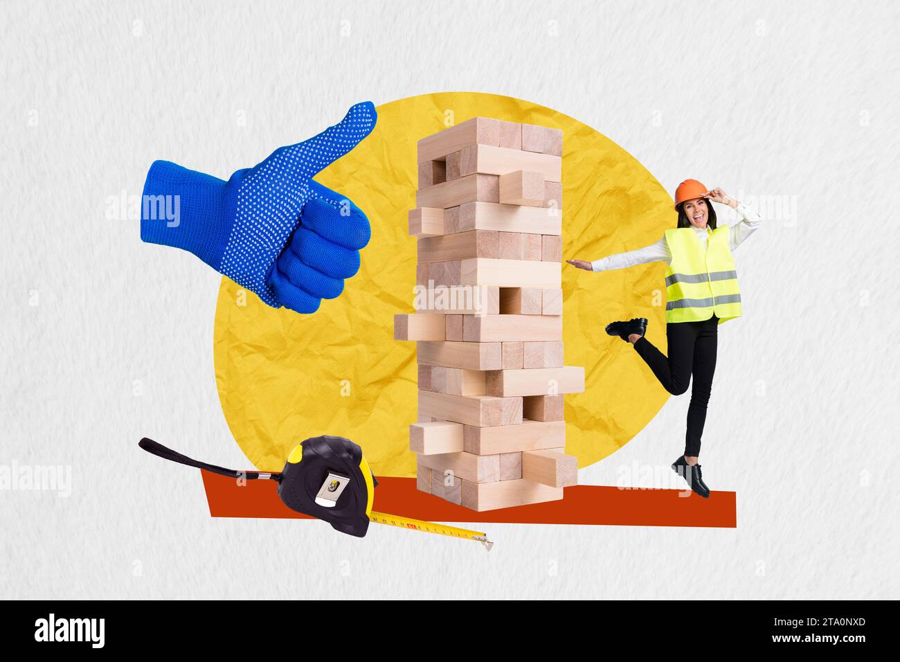 Creative drawing collage picture of funny young female builder hand ...