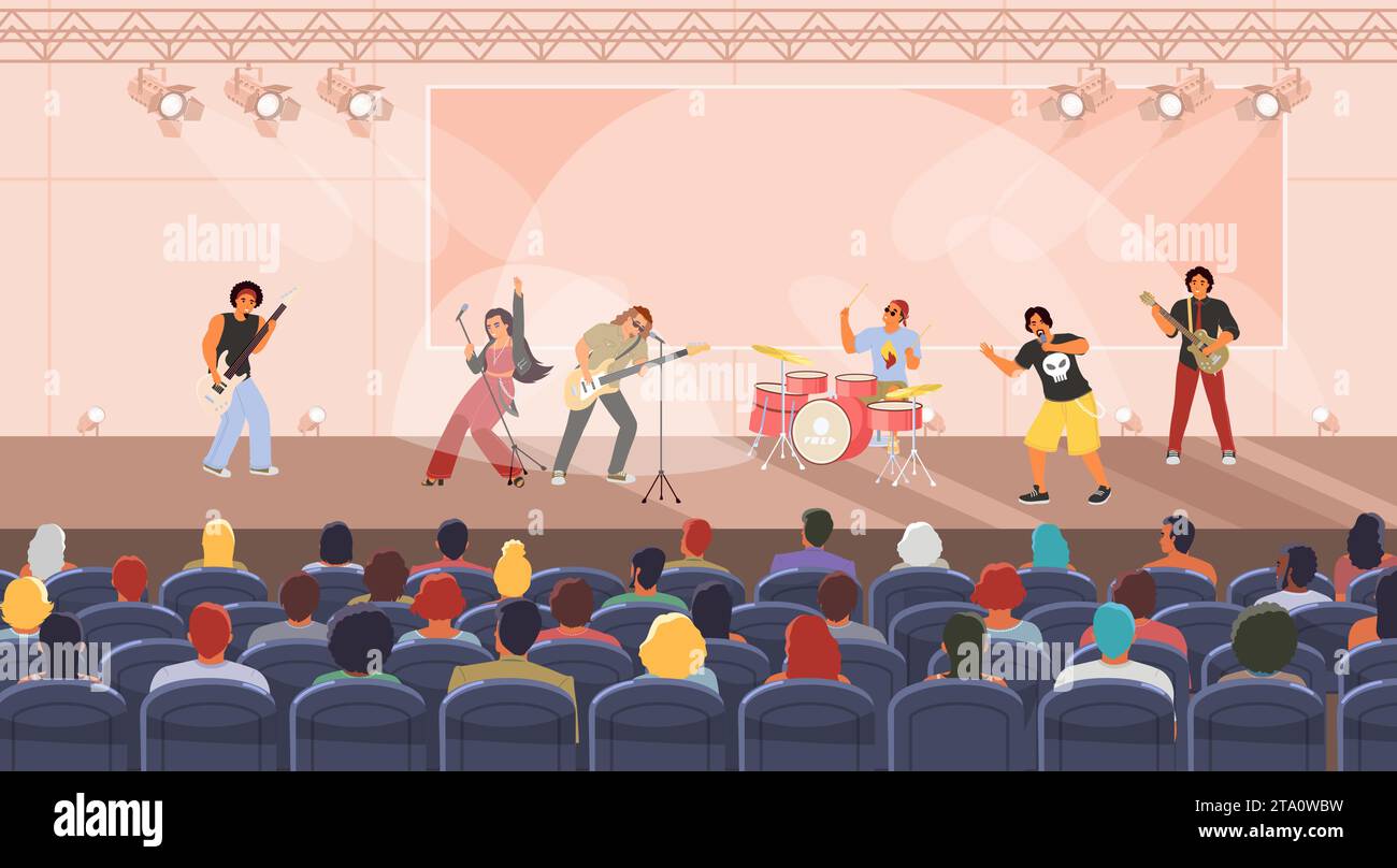 Rock band performing concert on stage vector illustration Stock Vector ...