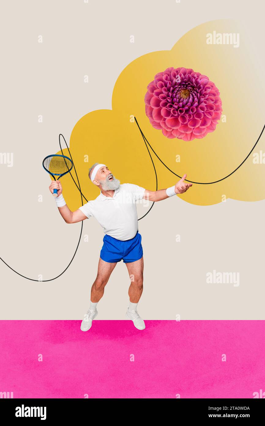 Collage composition of funny sportive grandfather enjoy playing tennis ...