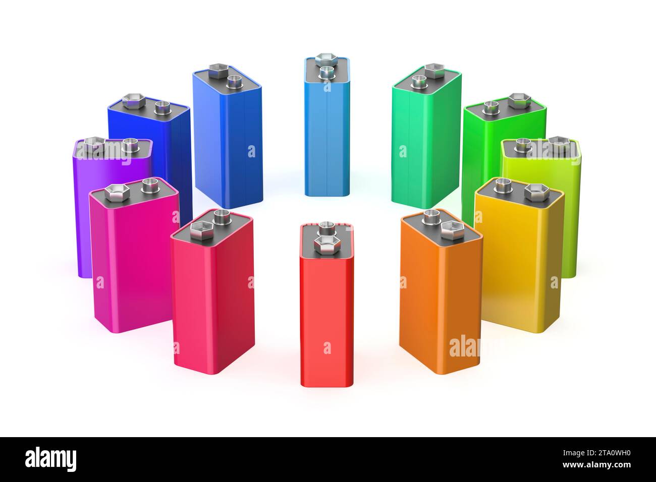 Many 9V batteries with different colors on white background Stock Photo ...